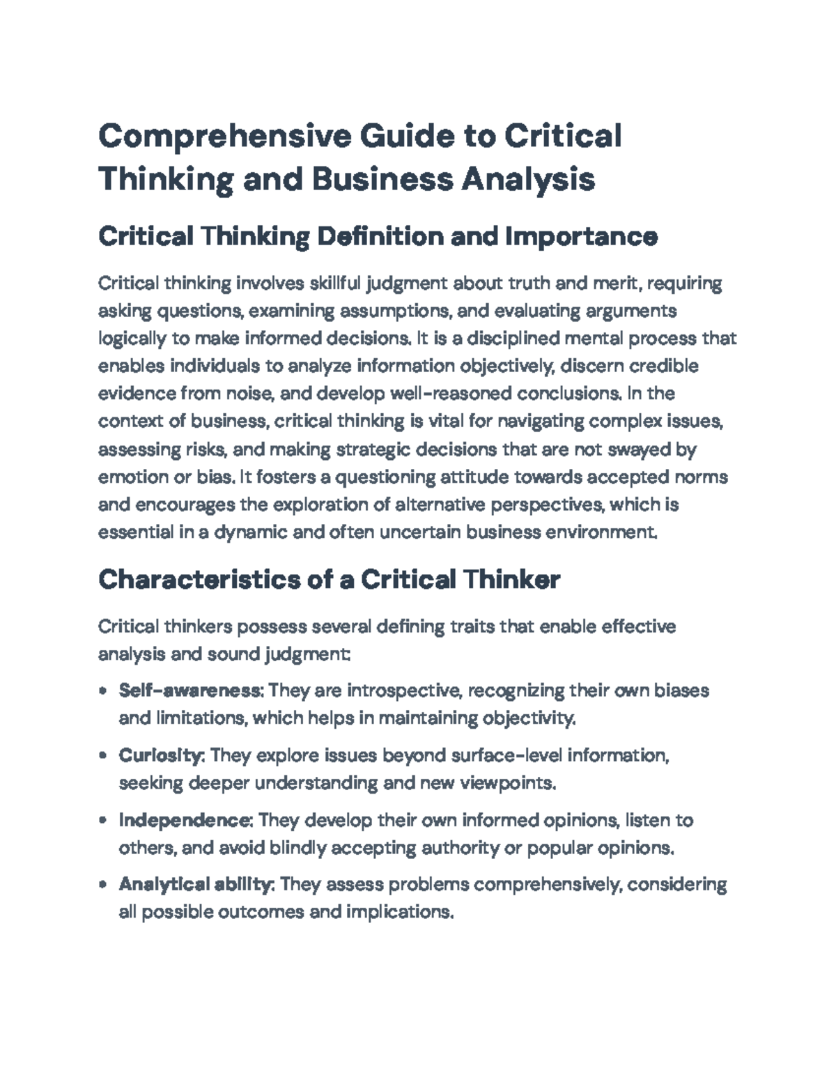 Comprehensive Guide to Critical Thinking in Business Analysis (BUS 101 ...