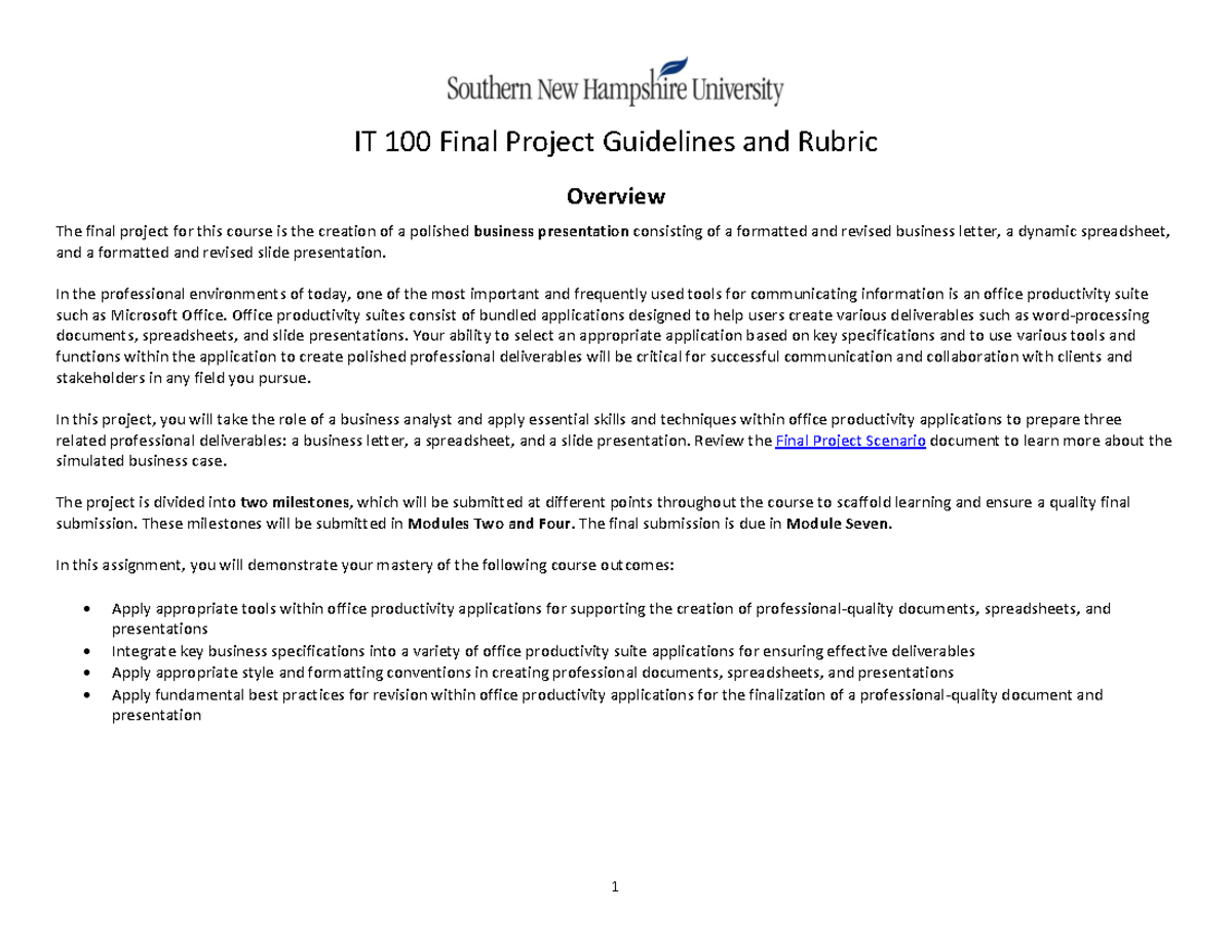 IT 100 Final Project Guide: Business Presentation & Rubric - Studocu