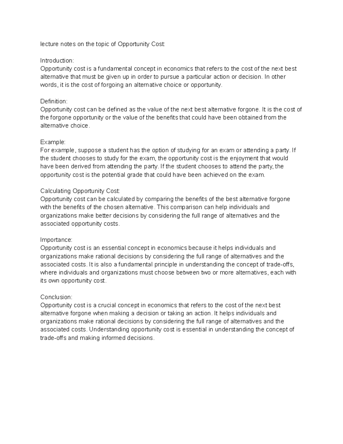 ECO 101: Lecture Notes on Opportunity Cost and Its Importance - Studocu
