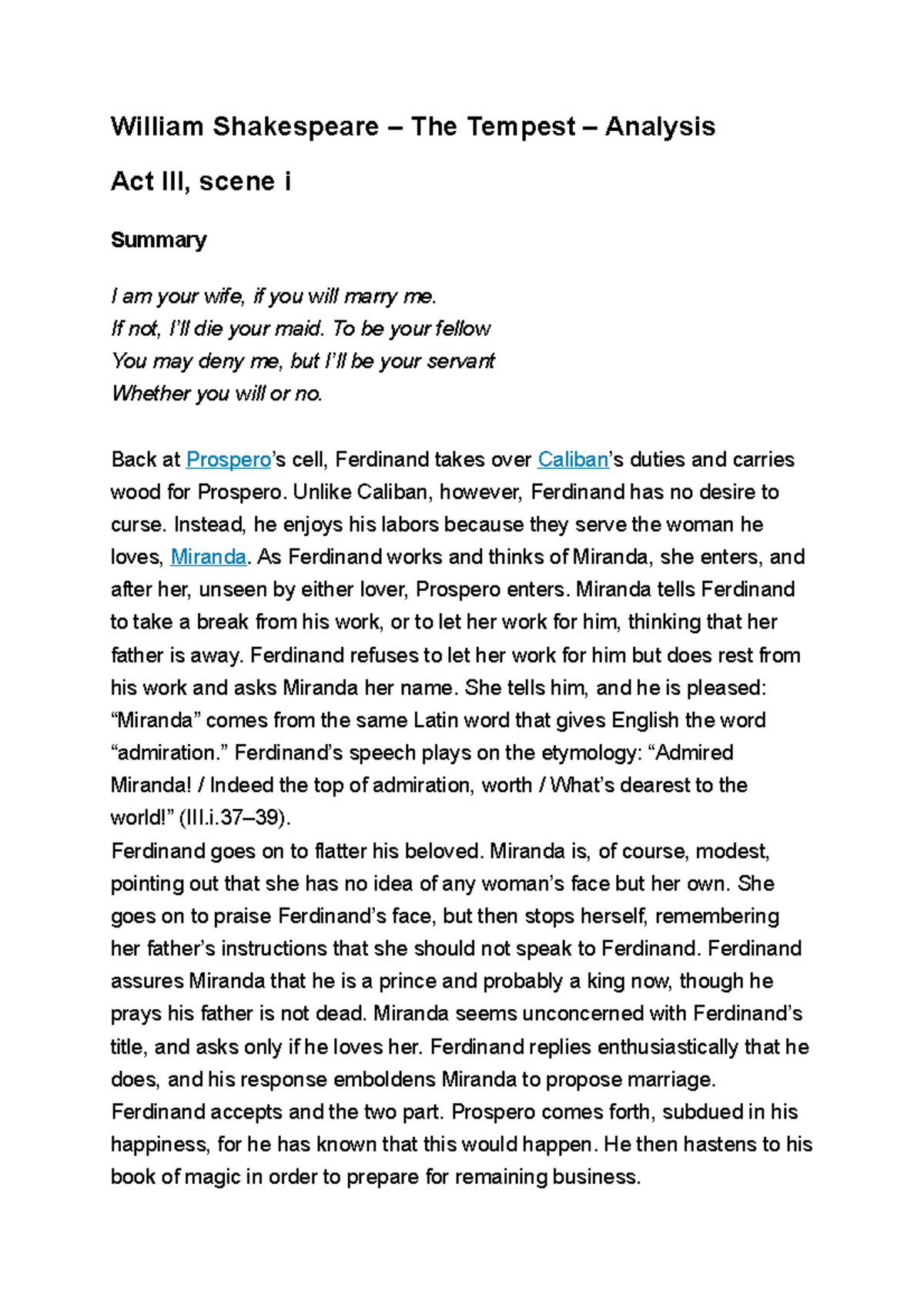 William Shakespeare - The Tempest - Analysis Act 3 - William ...