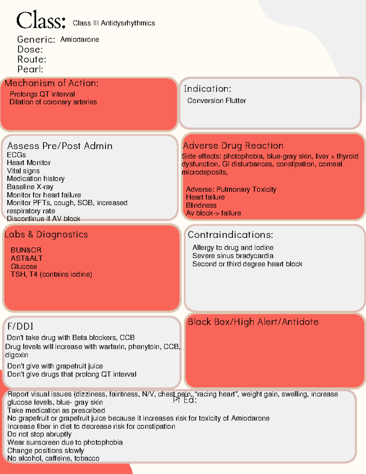 Amiodarone - Med card - NUR 321 - Class: Mechanism of Action: F/DDI ...