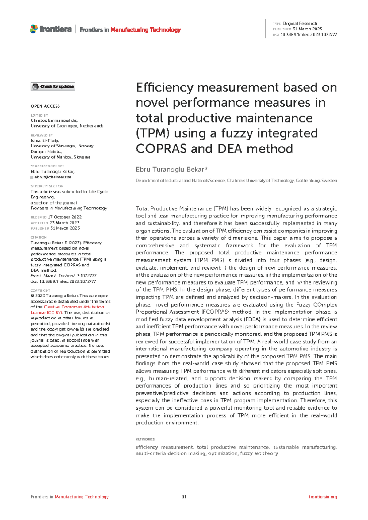 Efficiency Measurement in Total Productive Maintenance (TPM) Using ...