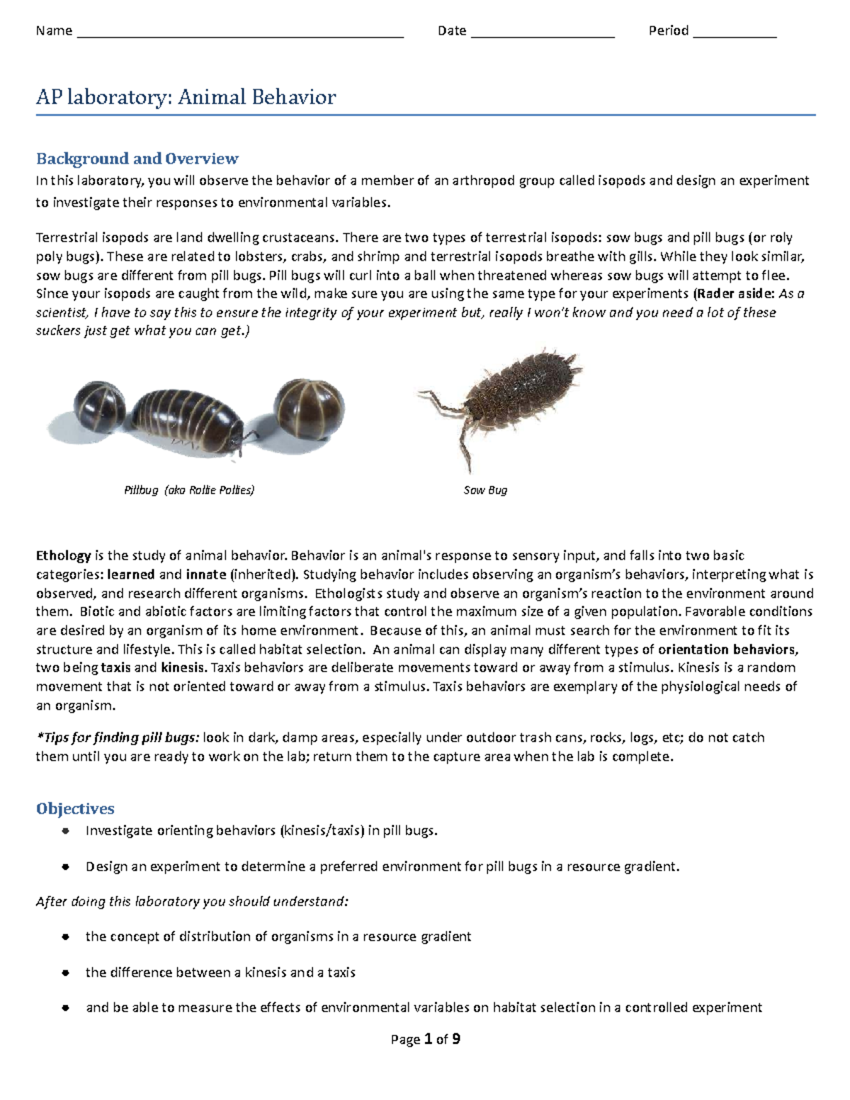 AP Lab: Animal Behavior Experiment on Pill Bugs' Orientation - Studocu