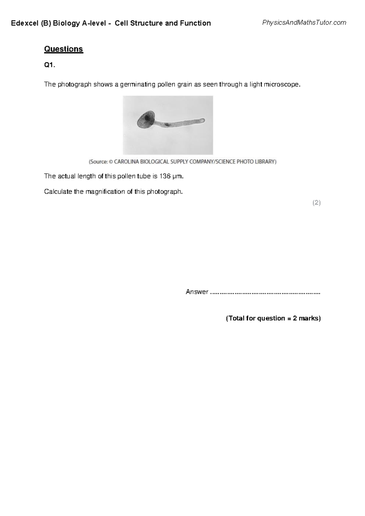 Edexcel (B) Biology 2.1 Cell Structure and Function QP - Studocu