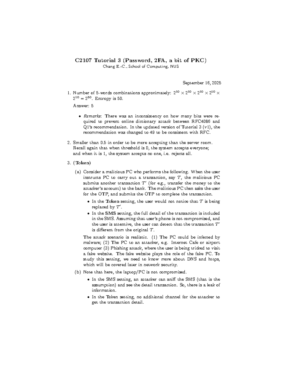 C2107 Tutorial 3 Answers: Passwords, 2FA, and PKC Insights - Studocu