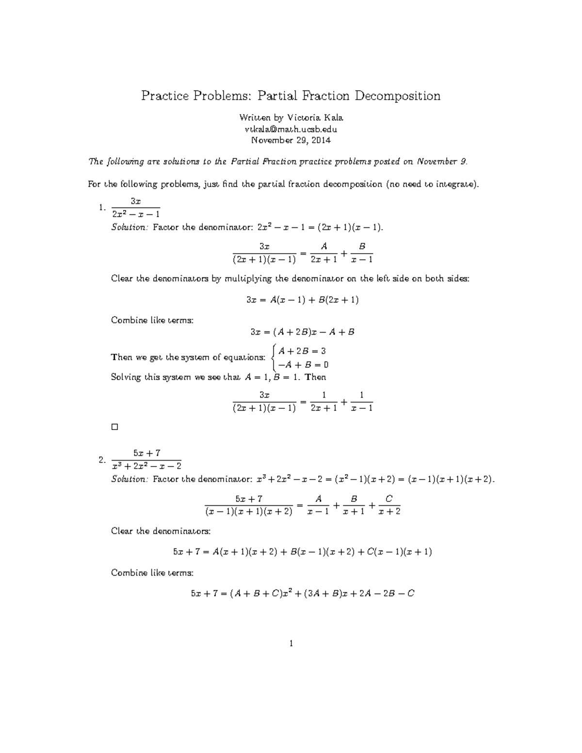 Math3B - Solutions to Partial Fraction Decomposition Problems - Studocu