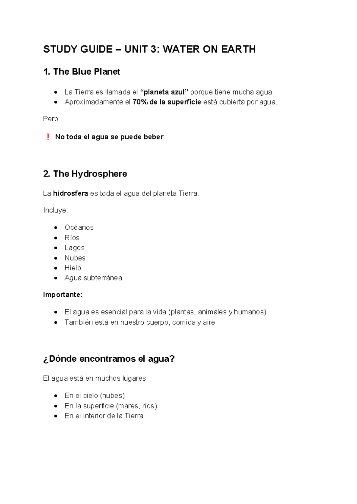 STUDY GUIDE – UNIT 3: WATER ON EARTH (FINAL) - Studocu