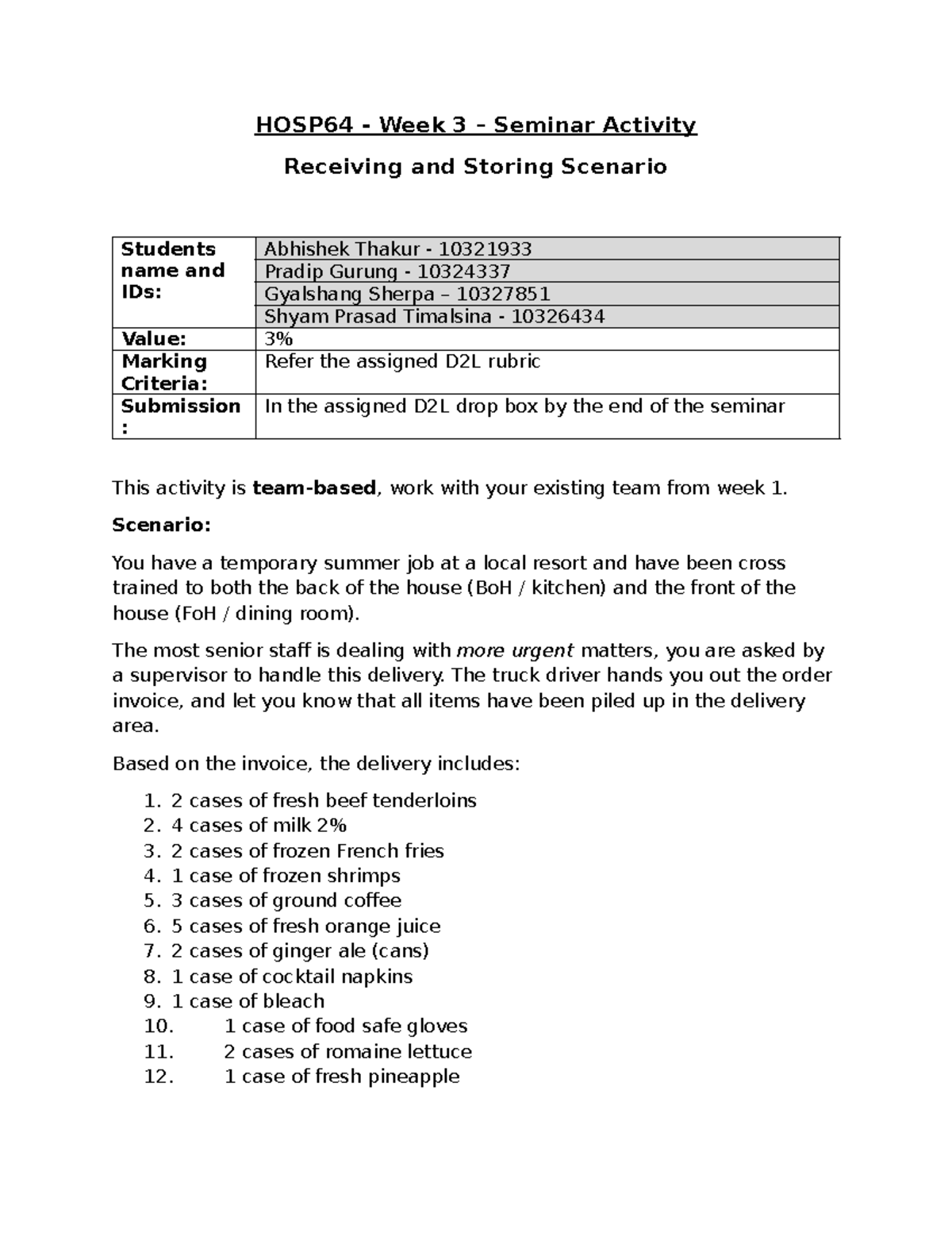 Week 3 - Seminar Actvity - Receiving and Storing Scenario - HOSP64 ...