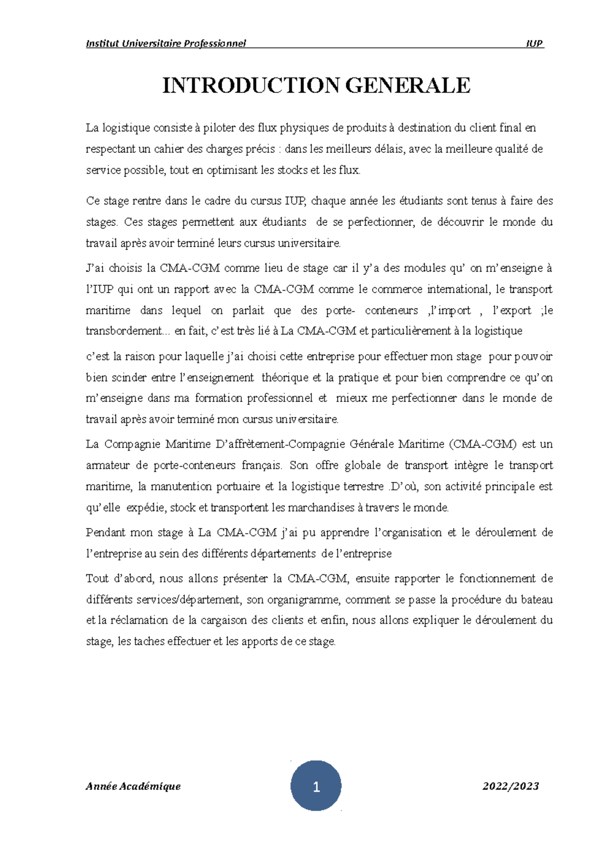 Rapport de Stage sur la Logistique à CMA-CGM pour L2-3 - Studocu