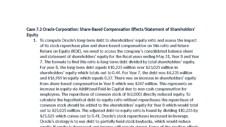 Case Study 7.2: Oracle Corp. Equity Compensation & Debt Analysis - Studocu