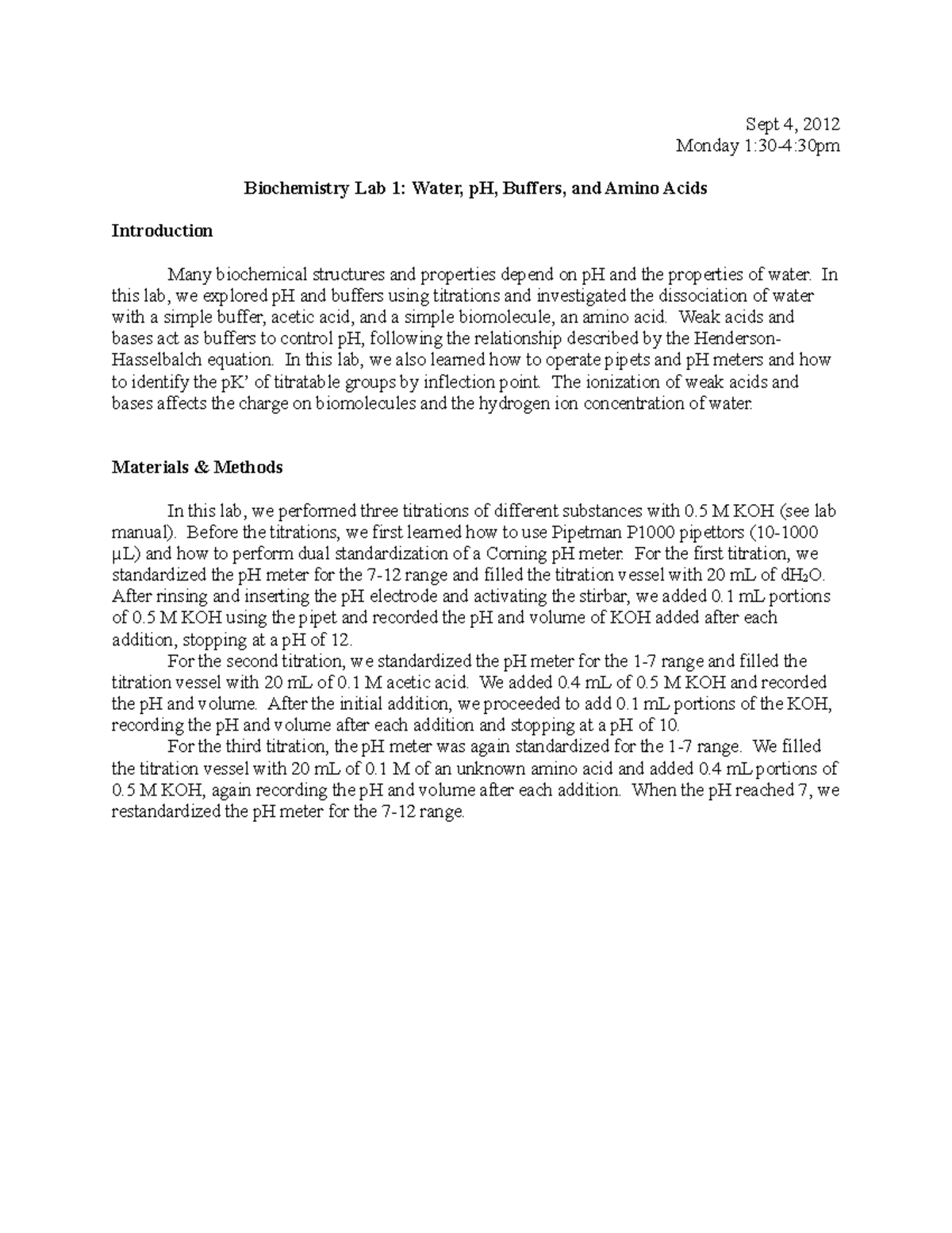 Biochem Lab 1 - Exploring Water, pH, Buffers, and Amino Acids - Studocu