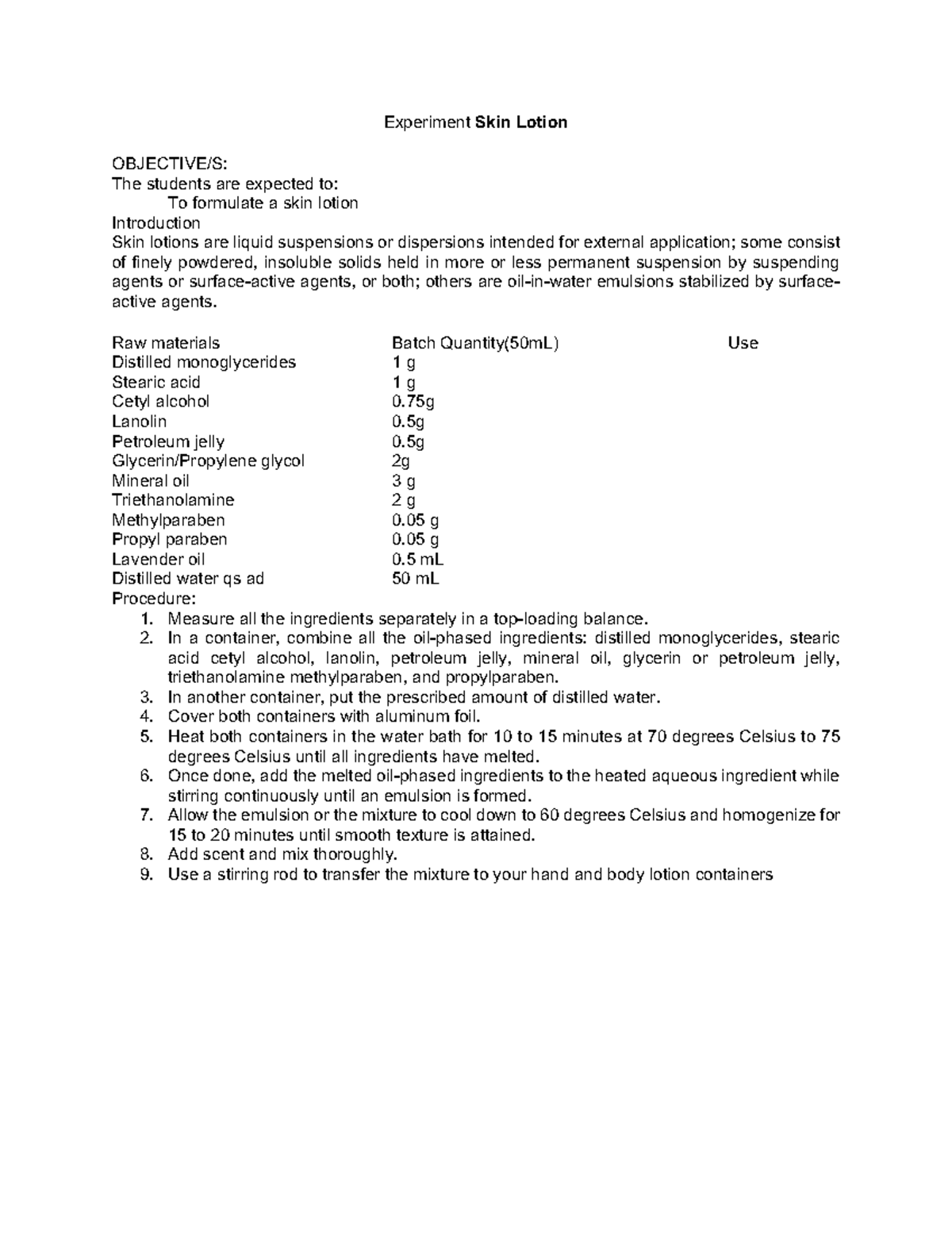 Skin Lotion Formulation Experiment (CHEM 101) - Studocu