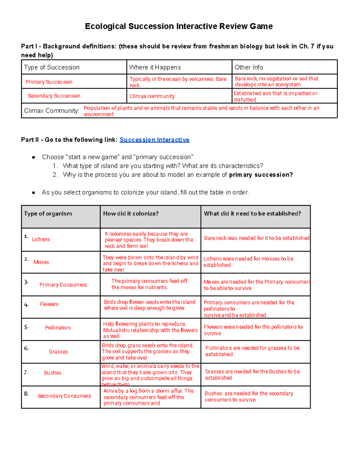 Ecological Succession Review Game - Biology 101 Interactive Activity ...