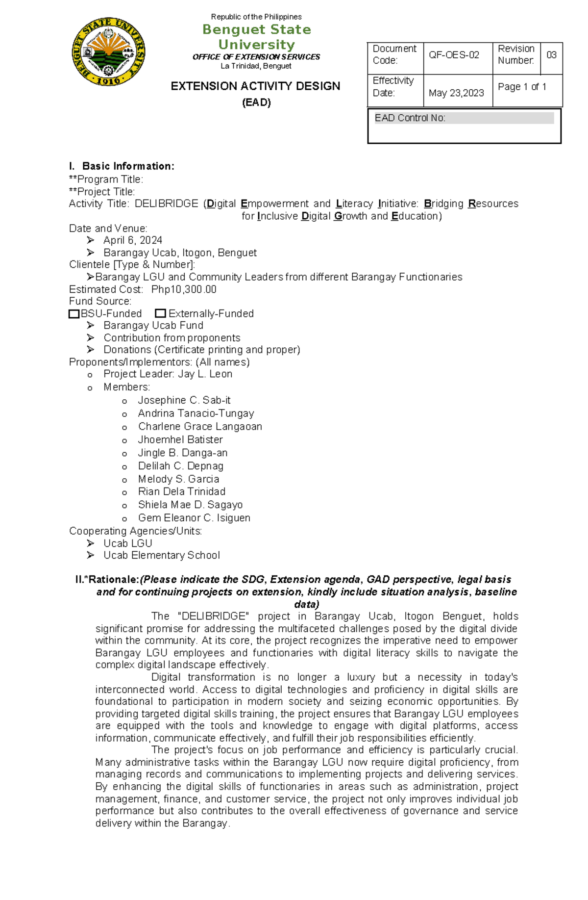 Extension Activity Design EAD-QF-OES-03 for DELIBRIDGE Project - Studocu
