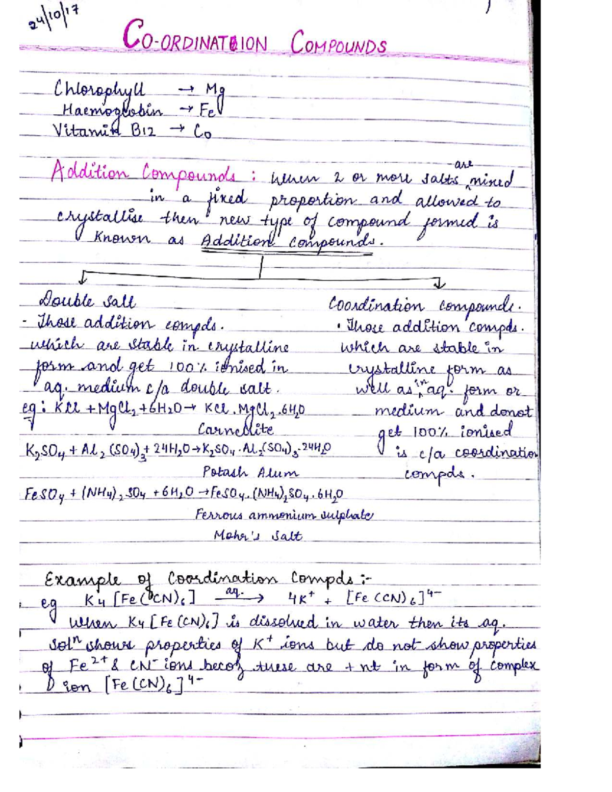 Coordination Compounds: Detailed Notes on Addition and Double Salts ...