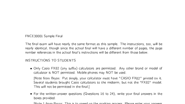 Sample Final Exam Guidelines for Casio FX82 Calculators - Studocu
