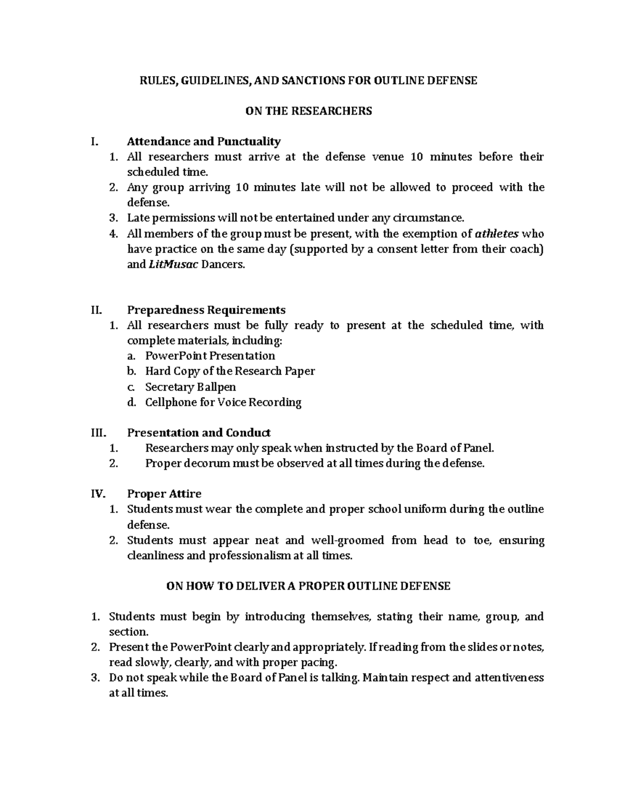 Rules and Sanctions for Outline Defense (Researchers) - Studocu