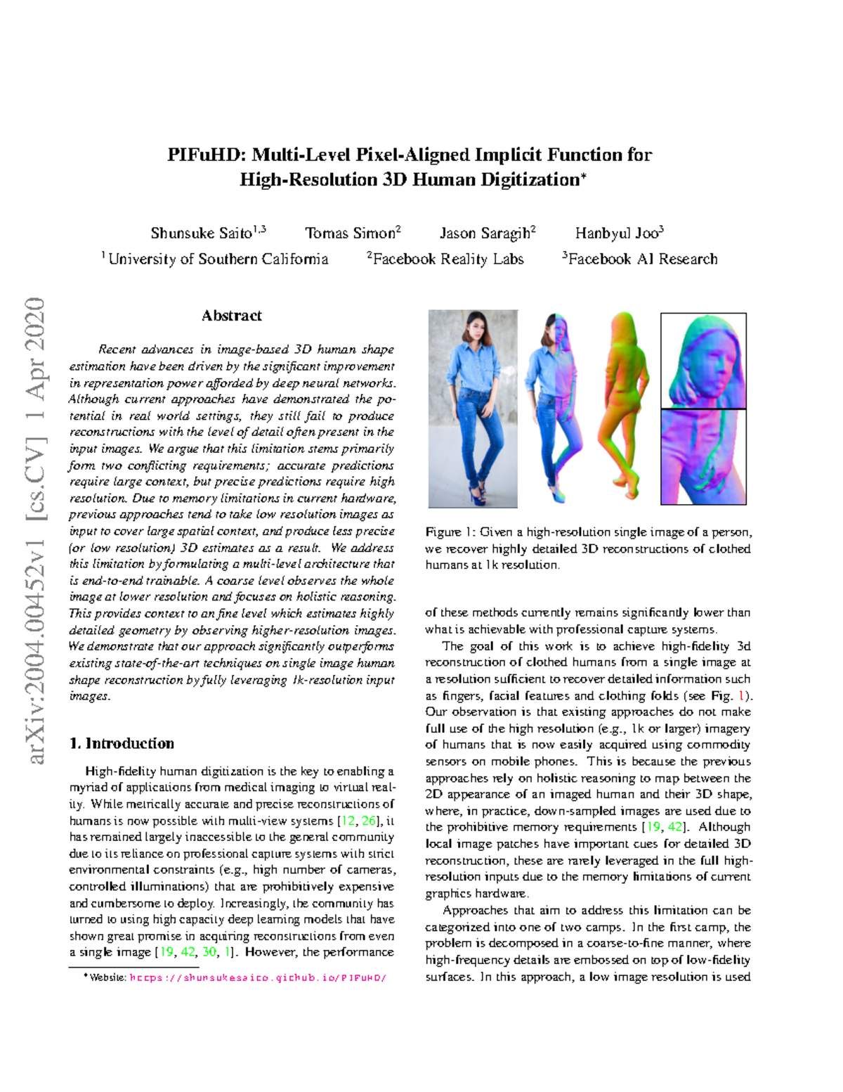 2004 - 2004.00452v1.pdf - PIFuHD: Multi-Level Pixel-Aligned Implicit ...