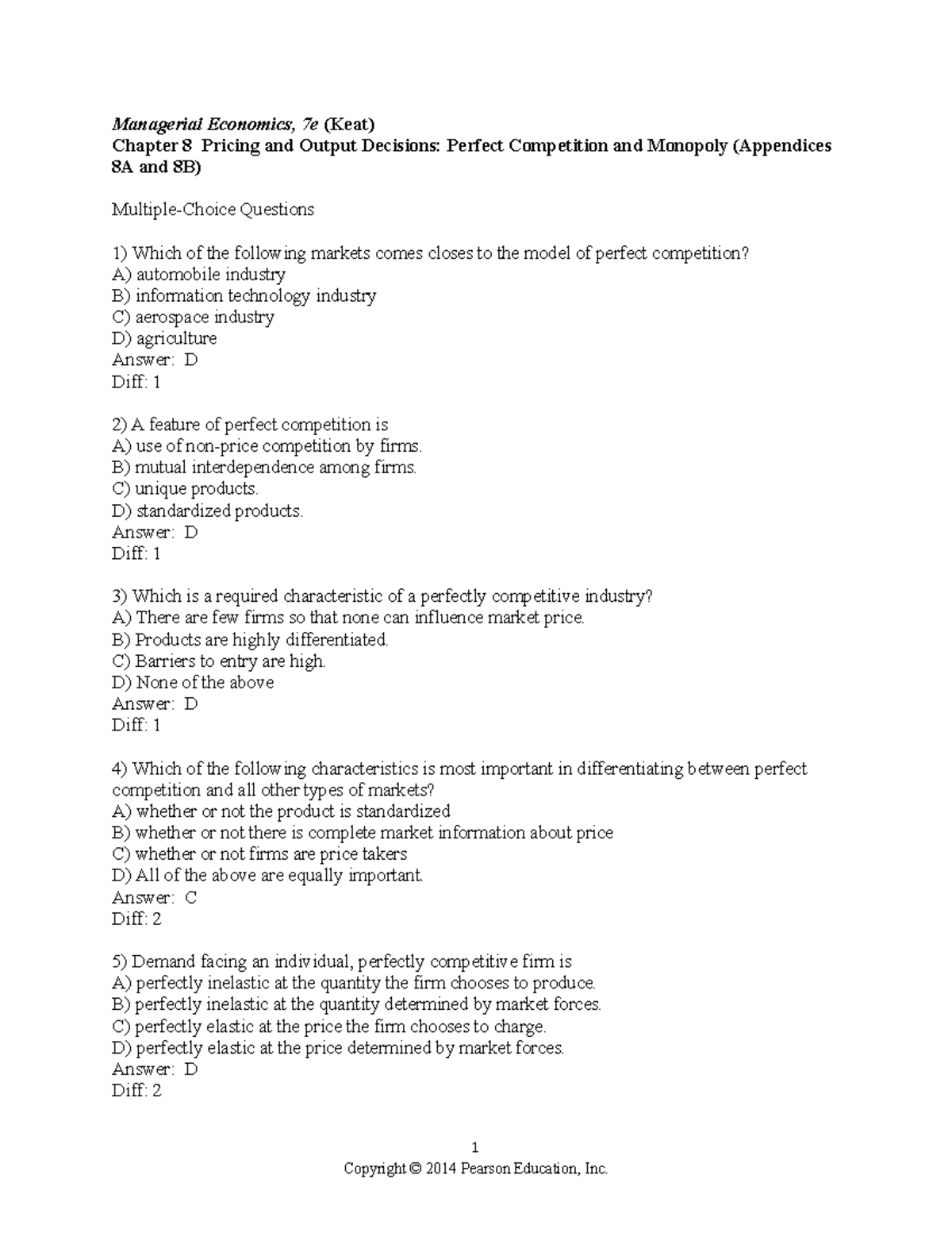 Chapter 8 - Test Bank on Pricing and Output Decisions in Managerial ...