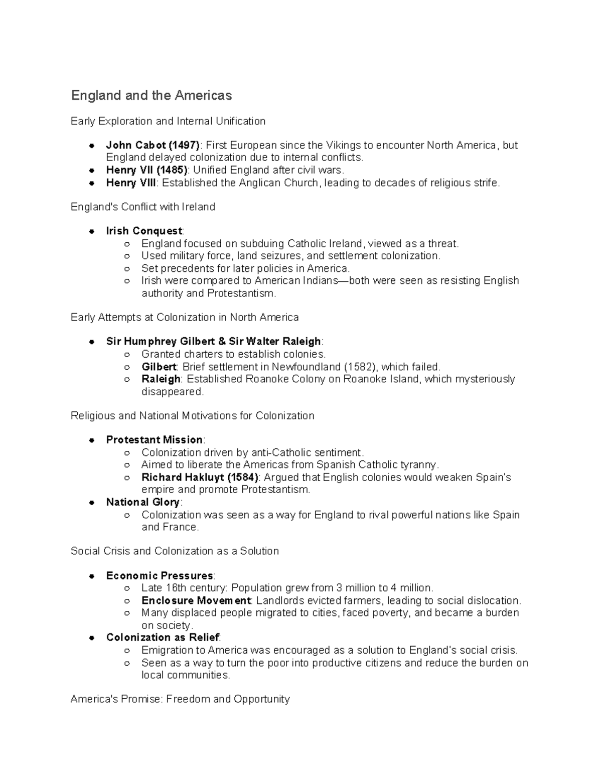 England and the Americas: Early Exploration & Colonization Notes - Studocu