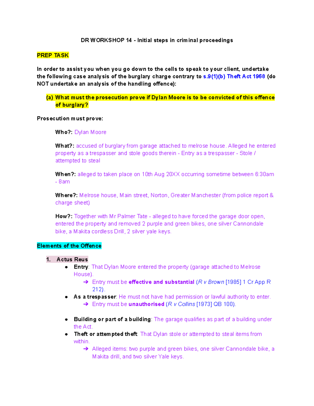 DR WS 14 - Case Analysis of Burglary Charge Against Dylan Moore - Studocu