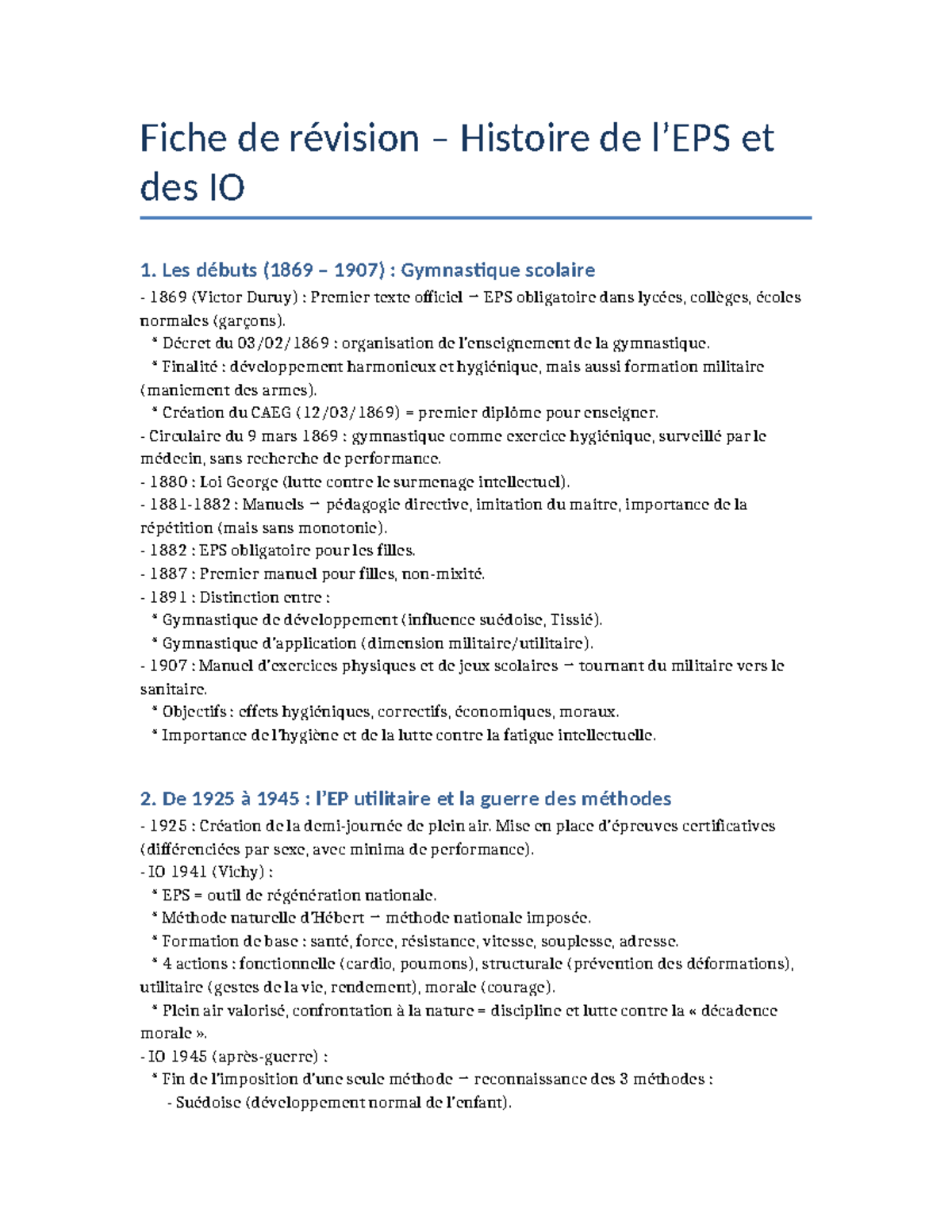 Fiche de révision Histoire IO 1 : Évolution de l'EPS (1869-1985) - Studocu