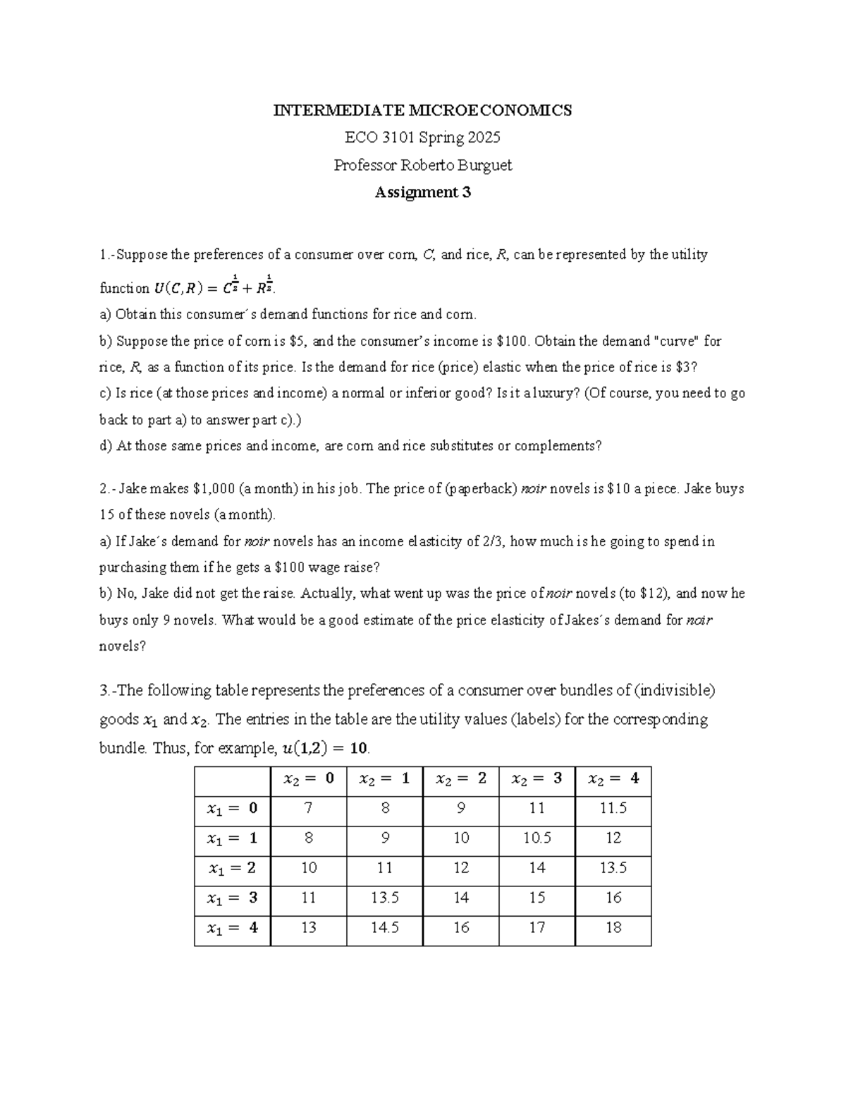Intermediate Microeconomics Assignment 3 - ECO 3101 Spring 2025 - INTERMEDIATE MICROECONOMICS ...