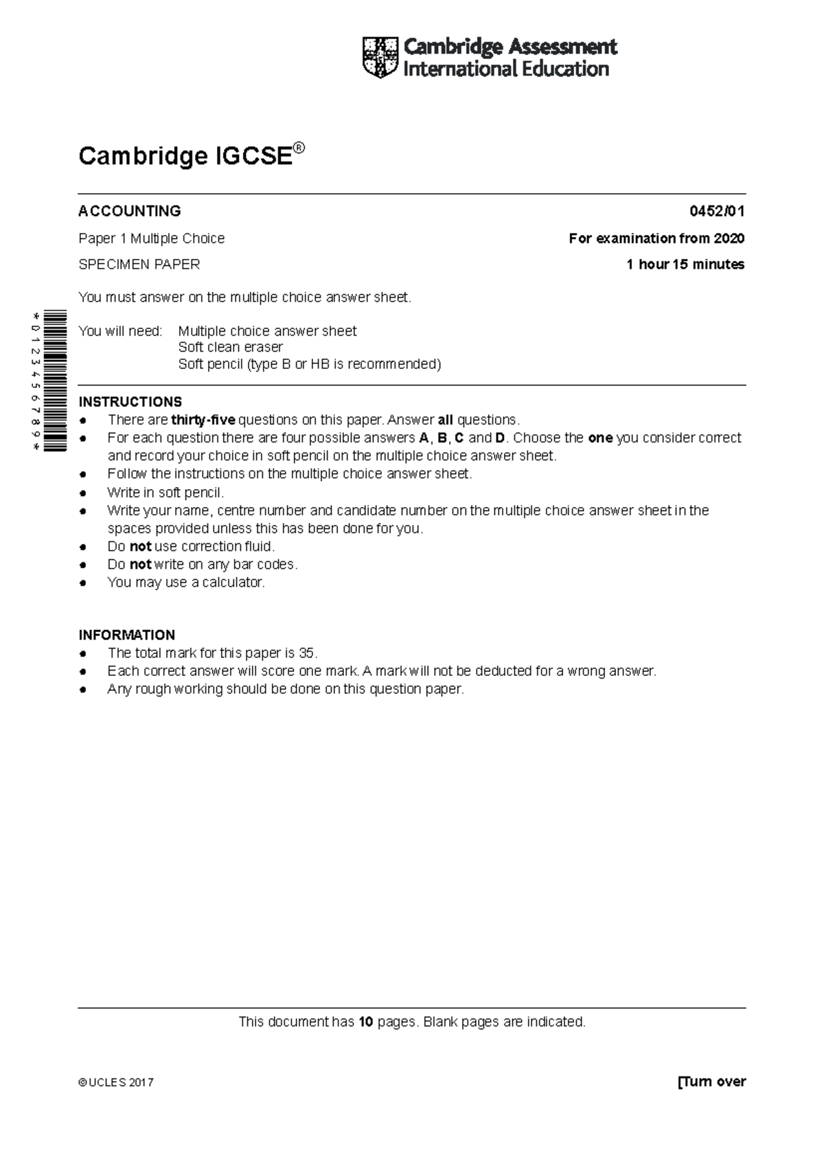 Cambridge 0452/20 Specimen Paper 1 - Multiple Choice Exam Guide - Studocu