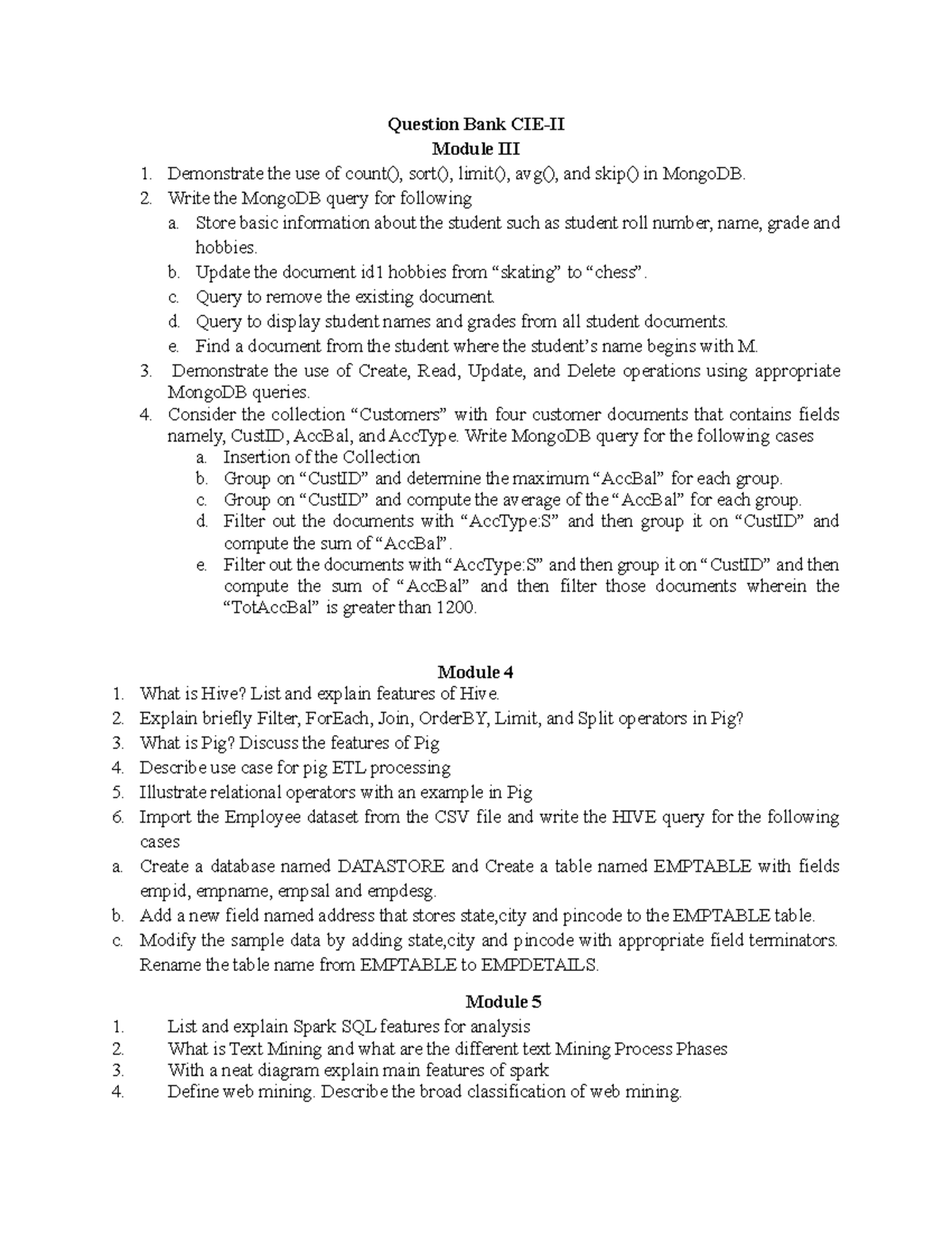 BDA CIE 2 QB - MongoDB, Hive, and Spark SQL Queries Guide - Studocu