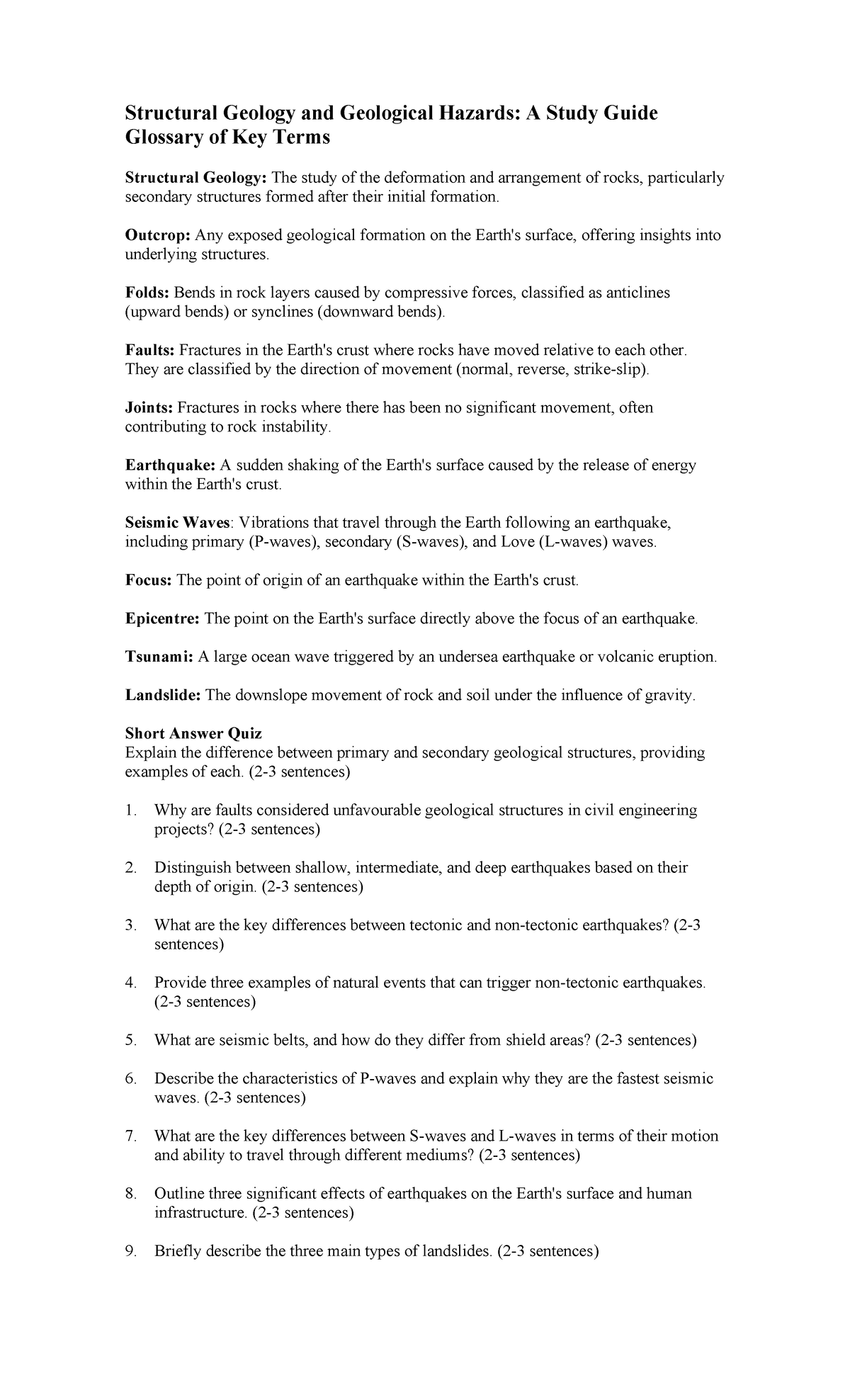 Structural Geology and Geological Hazards Study Guide, Quiz, Essay ...