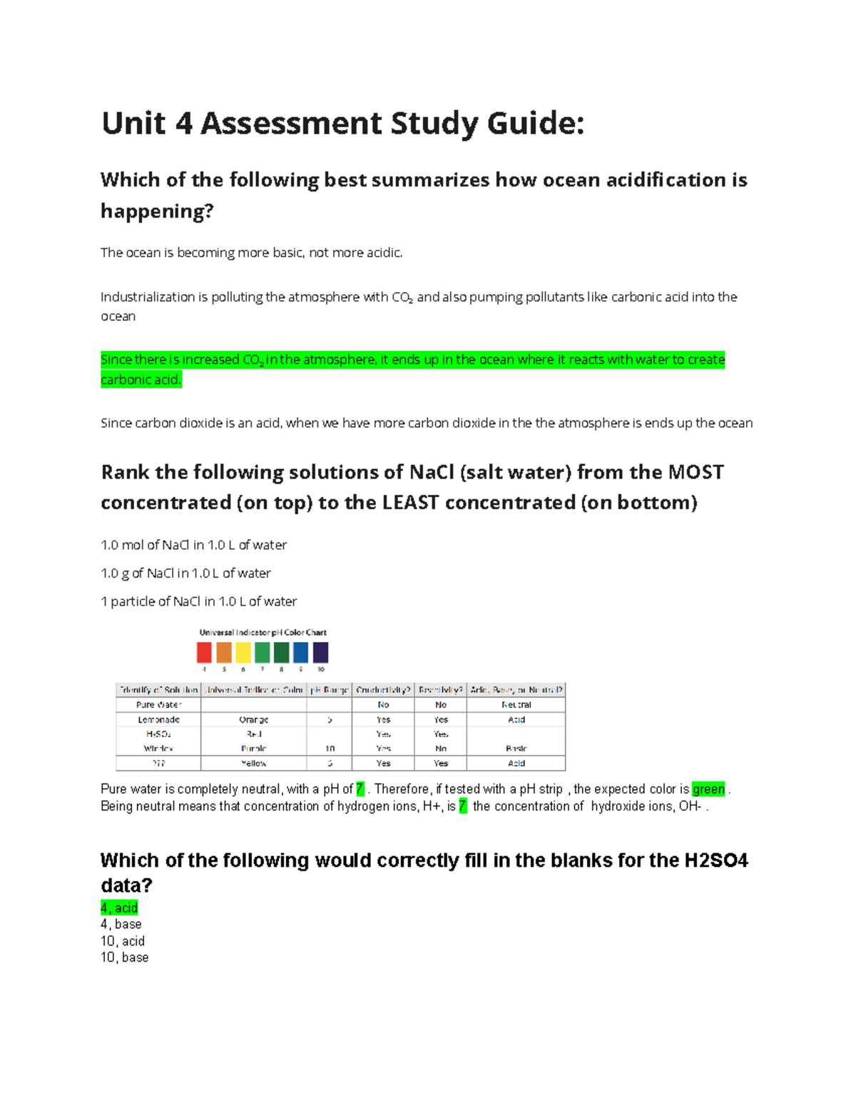 Unit 4 Chem Assessment Study Guide: Acids & Ocean Acidification - Studocu