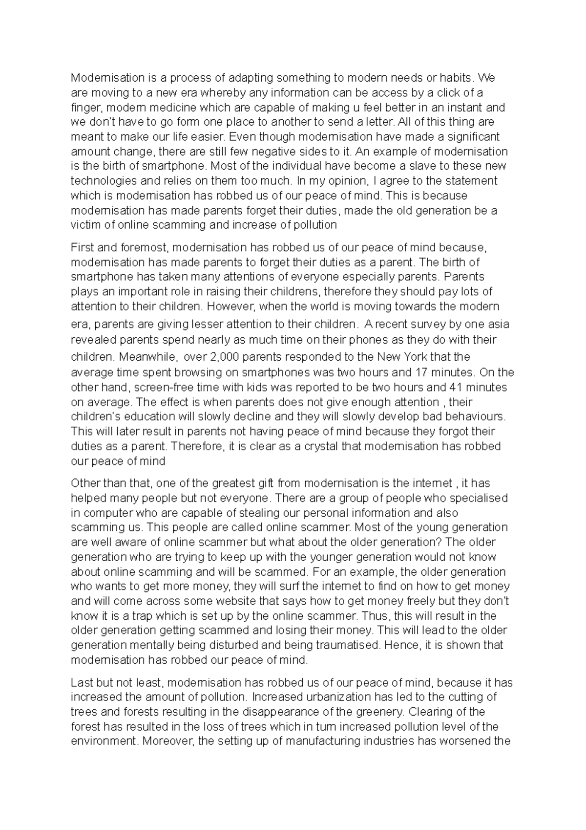 English long essay - Modernisation is a process of adapting something ...