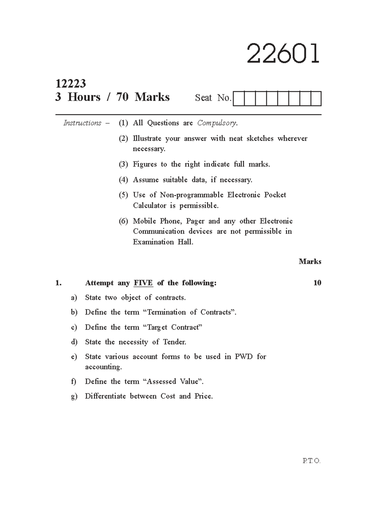 22601 Winter 2022 Question Paper: 3 Hours, 70 Marks Exam - Studocu