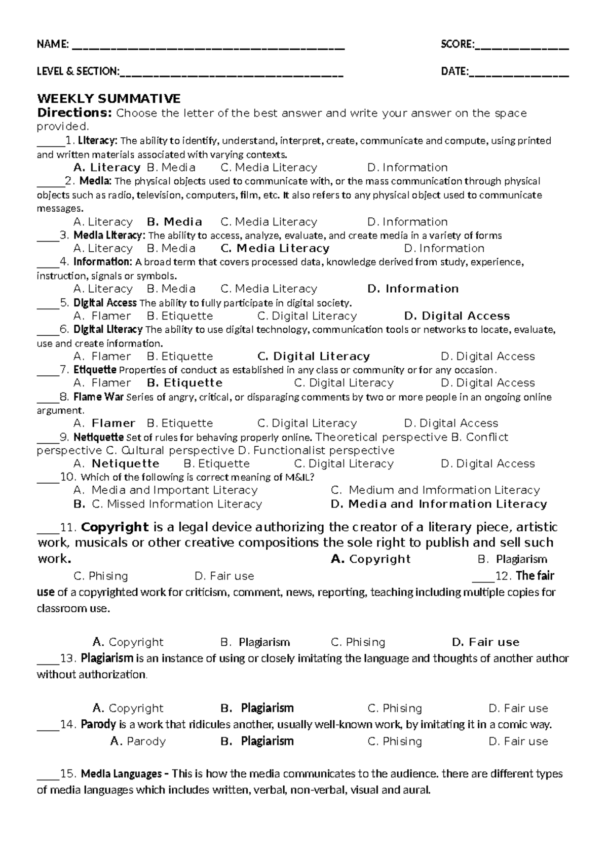 1ST QTR M&IL LONG QUIZ: Answer Key and Key Concepts - Studocu