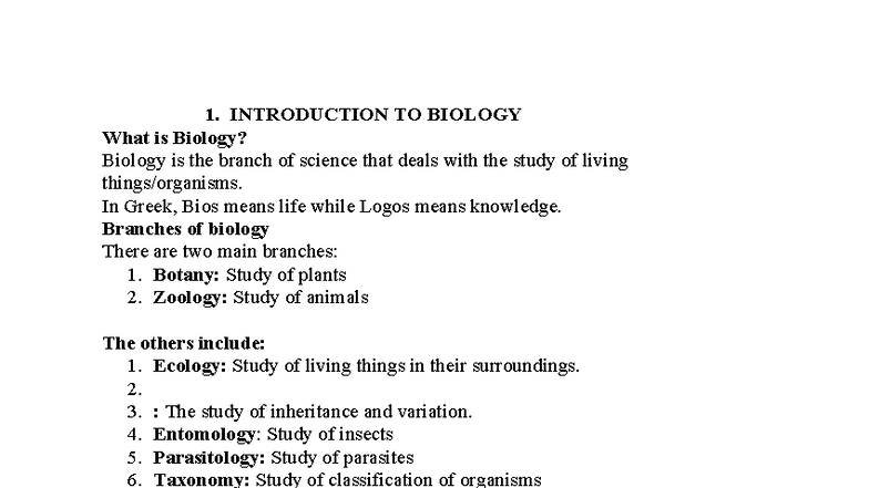 Applied Biology 1 - Well formulated notes - 1. INTRODUCTION TO BIOLOGY ...