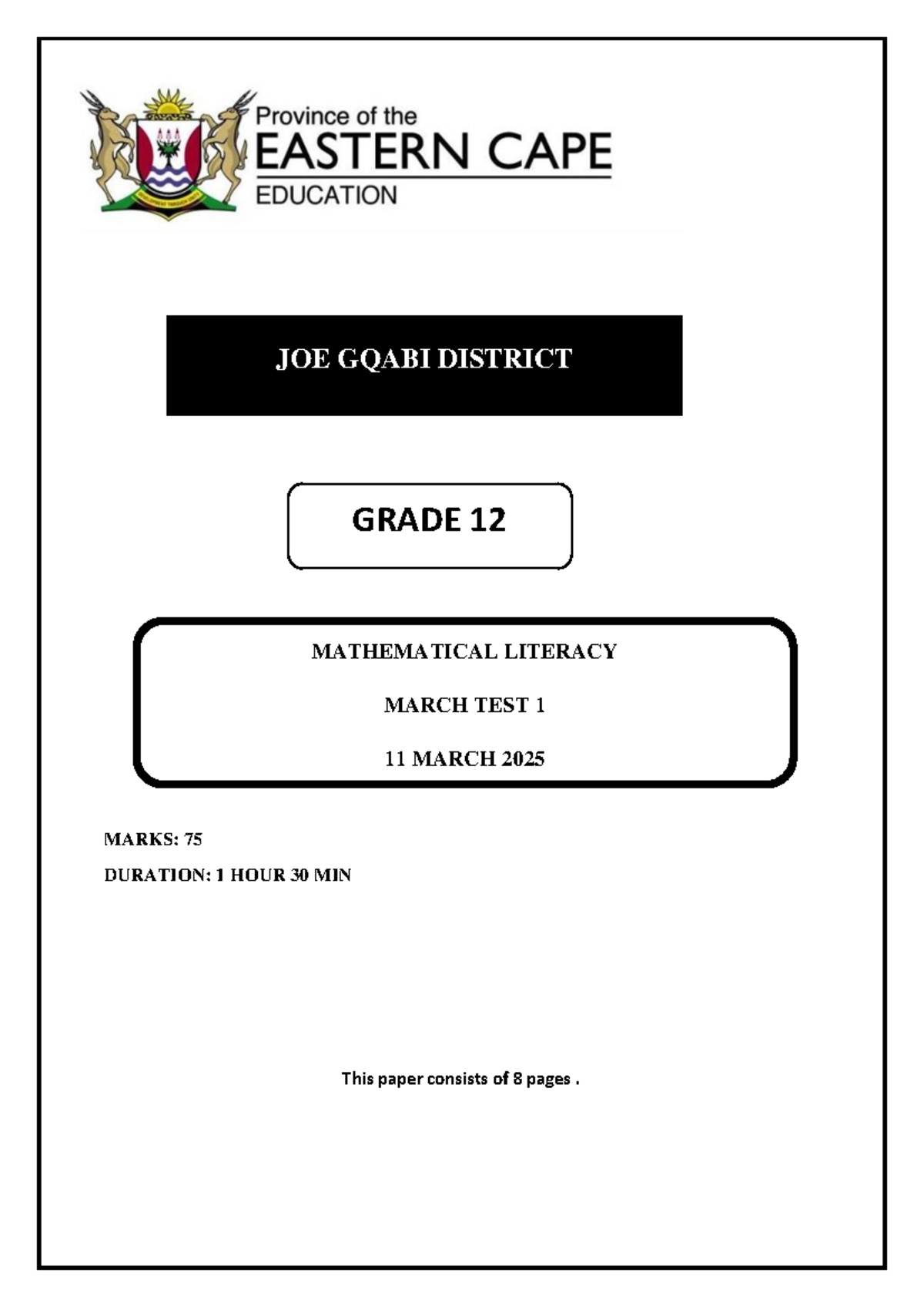 Grade 12 Mathematical Literacy March Test 1 (2025) - JG - Studocu