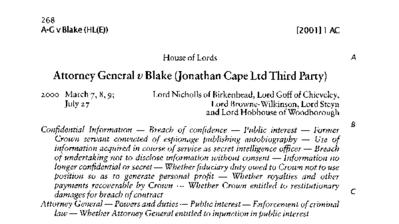 Attorney General v Blake (HL(E)) - Confidentiality & Restitution Issues ...
