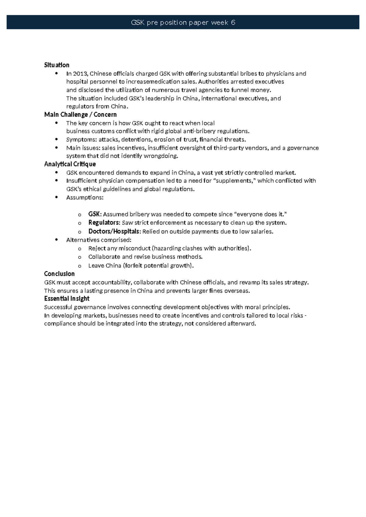 GSK Pre-Position Paper: Navigating Ethical Challenges in China - Studocu