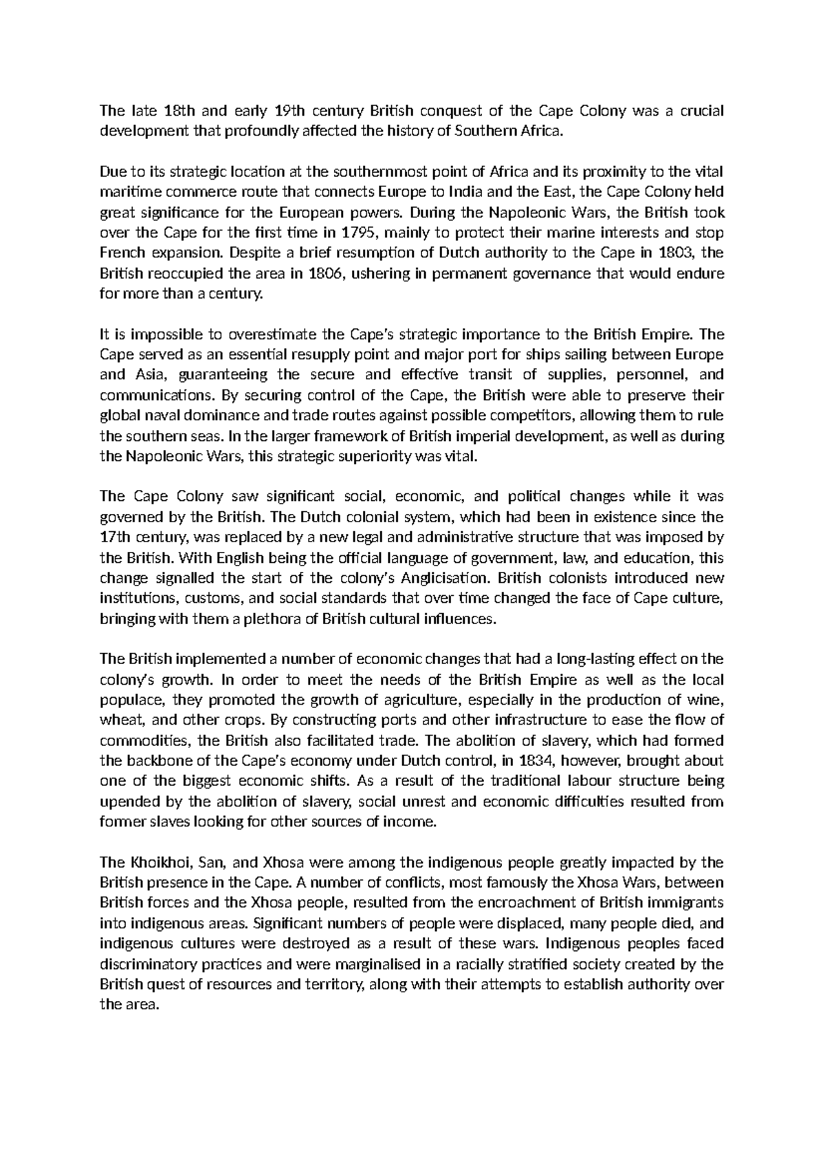 British Conquest of the Cape Colony: An In-Class Essay Analysis - Studocu