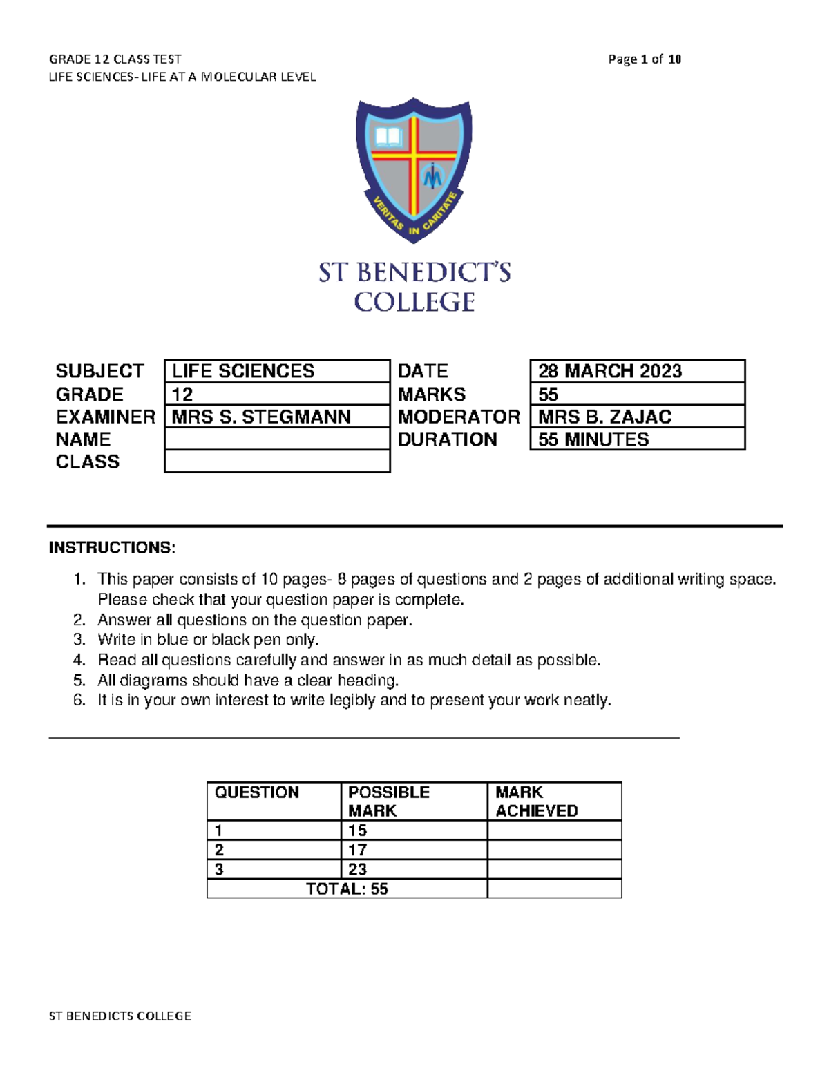 Grade 12 class test: Life at a molecular level - DNA and genetics - Studocu