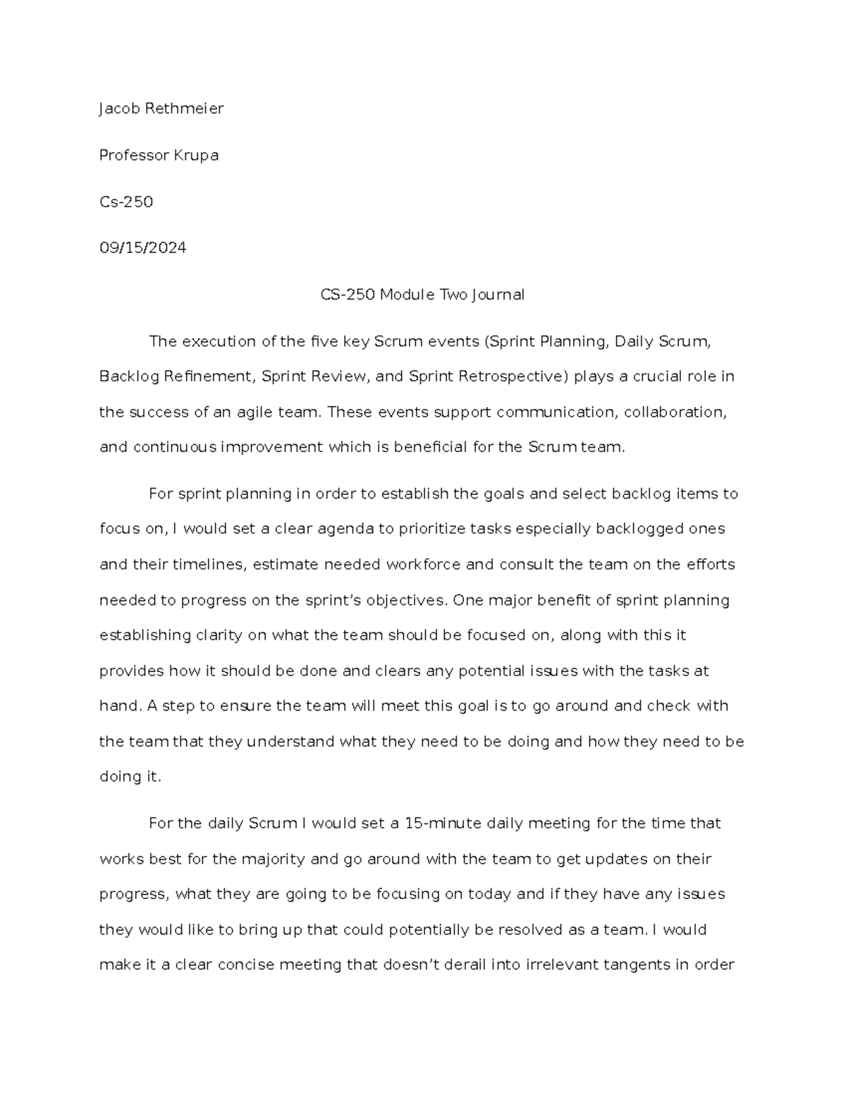 CS-250 Module Two Journal: Key Scrum Events and Their Impact - Studocu