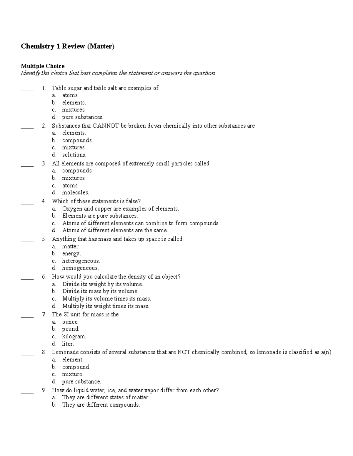 Chemistry 1 Final Exam Review: Matter & Multiple Choice Questions - Studocu