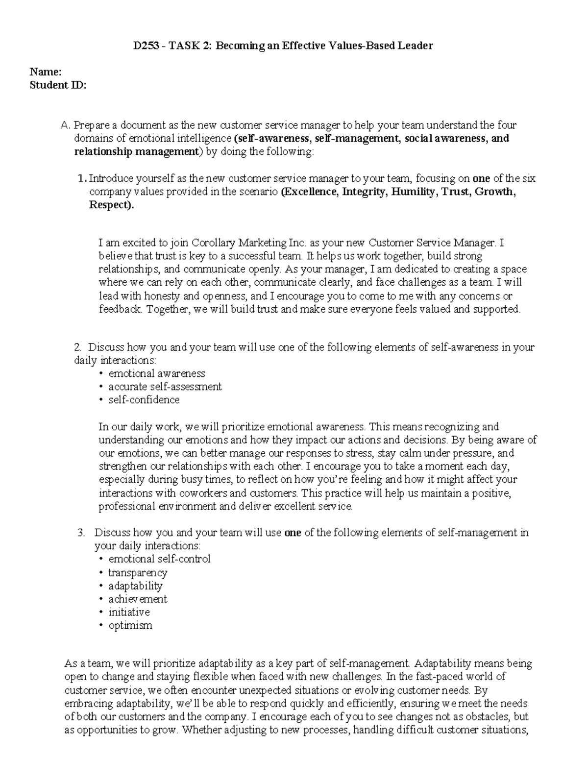 D253 V4 - Rsm3 Task 2 - Values-based Leadership Strategies - Studocu
