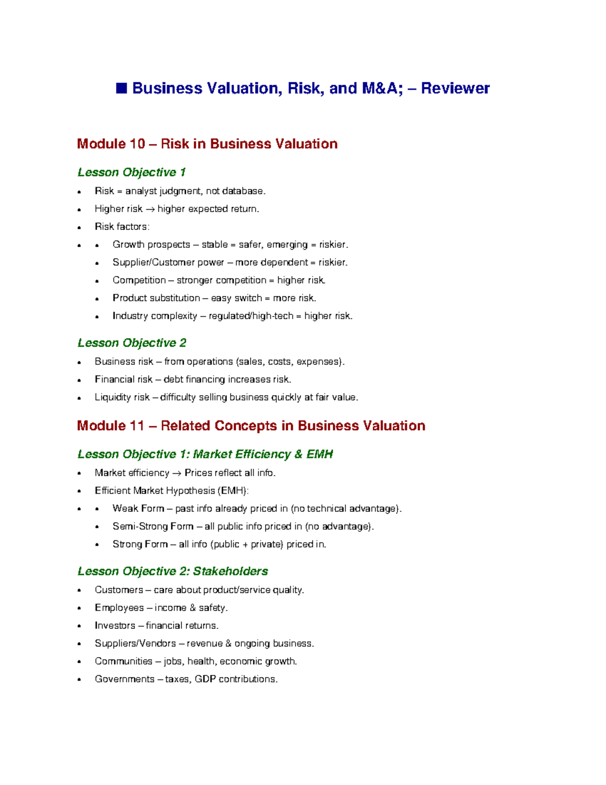 Business Valuation Review: Risk & Related Concepts (Module 10-11) - Studocu
