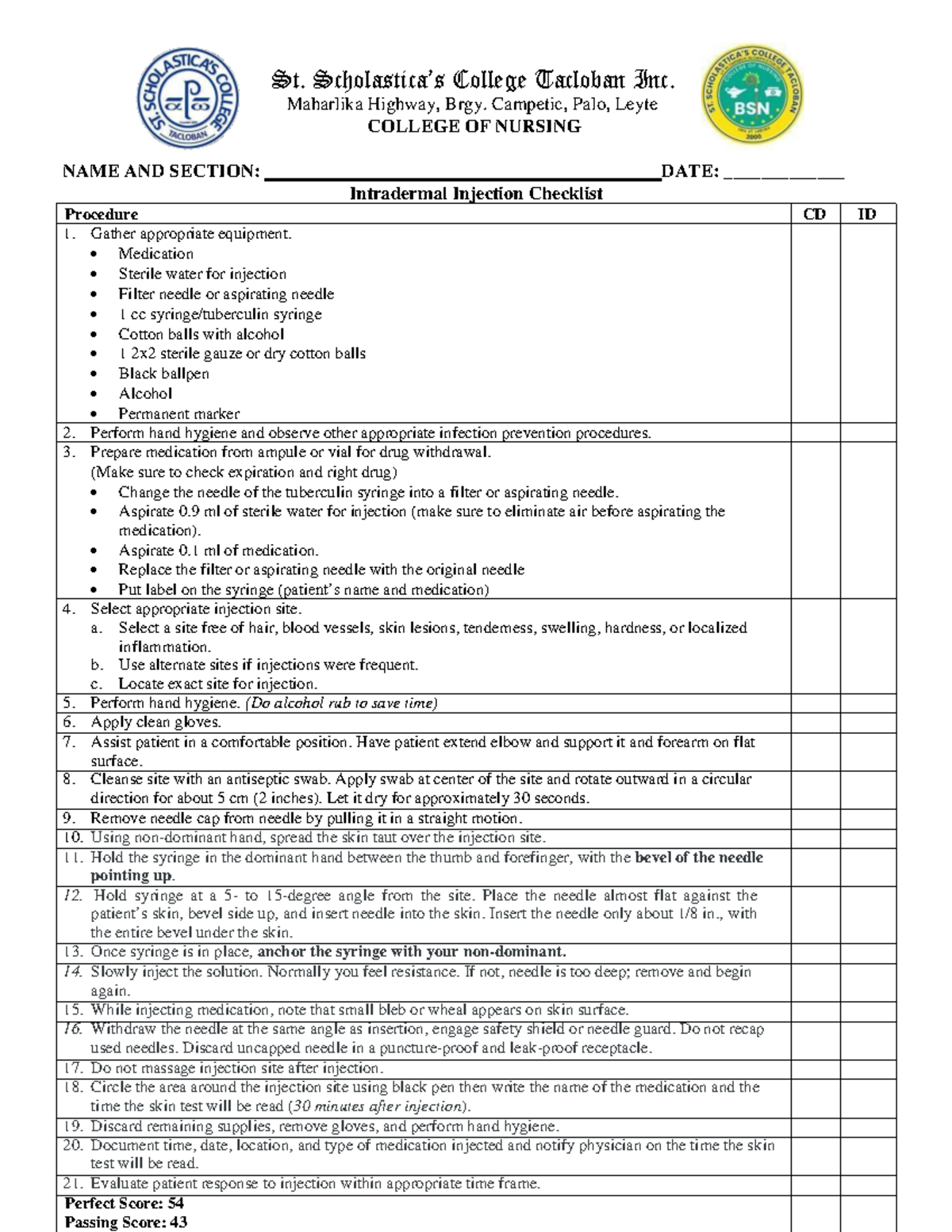 603642642 Intradermal & Intramuscular Injection Checklists - Studocu