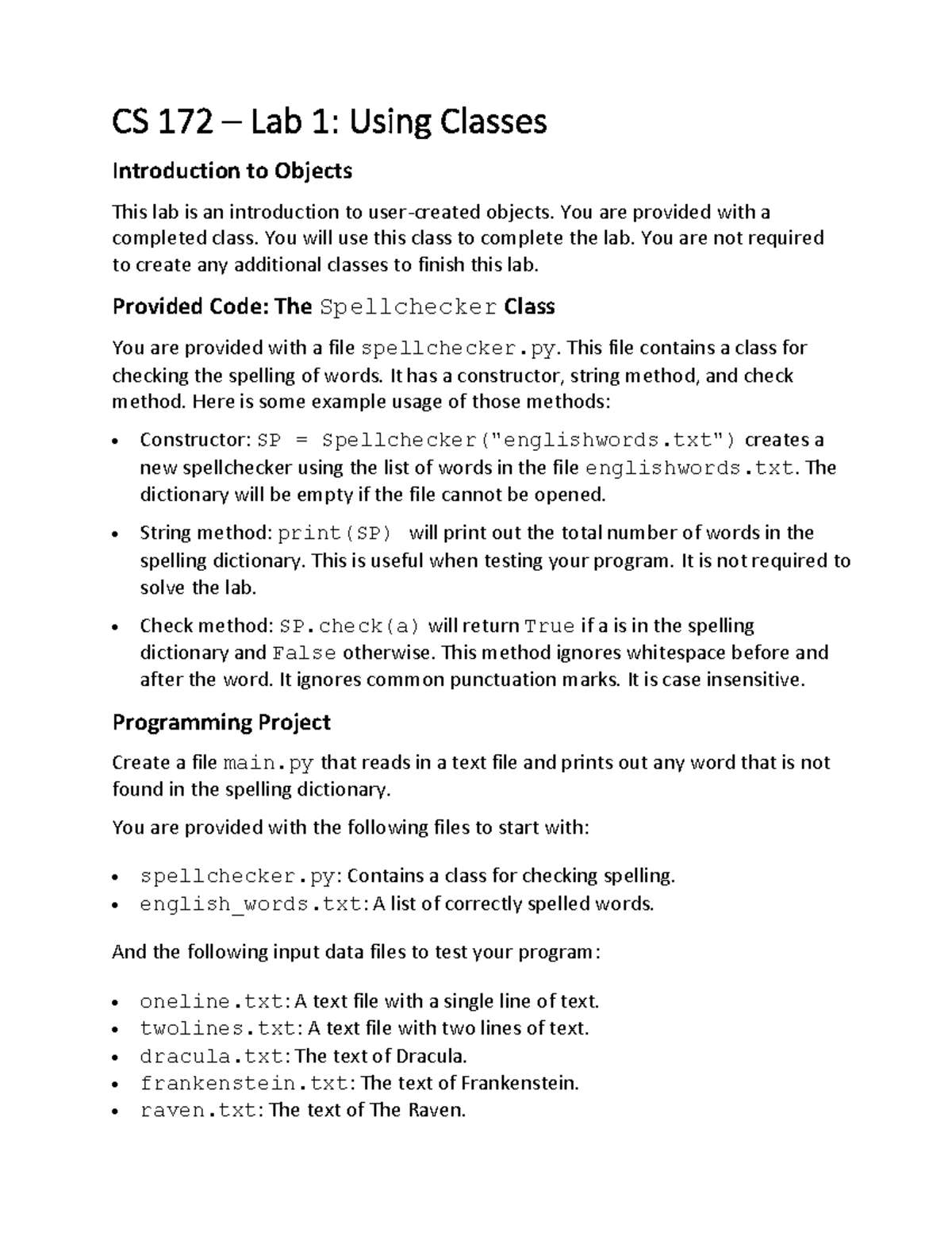 CS 172 Lab 1: Introduction to Objects and Spellchecker Implementation ...