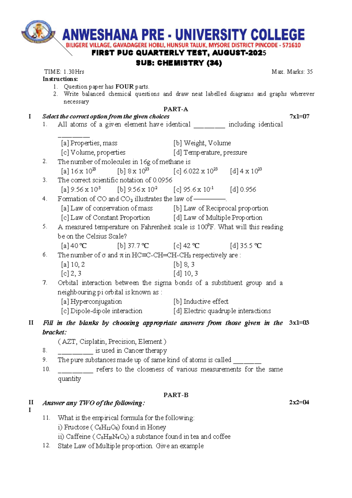 I PUC Quarterly Test Chemistry (34) - Question Paper - Studocu