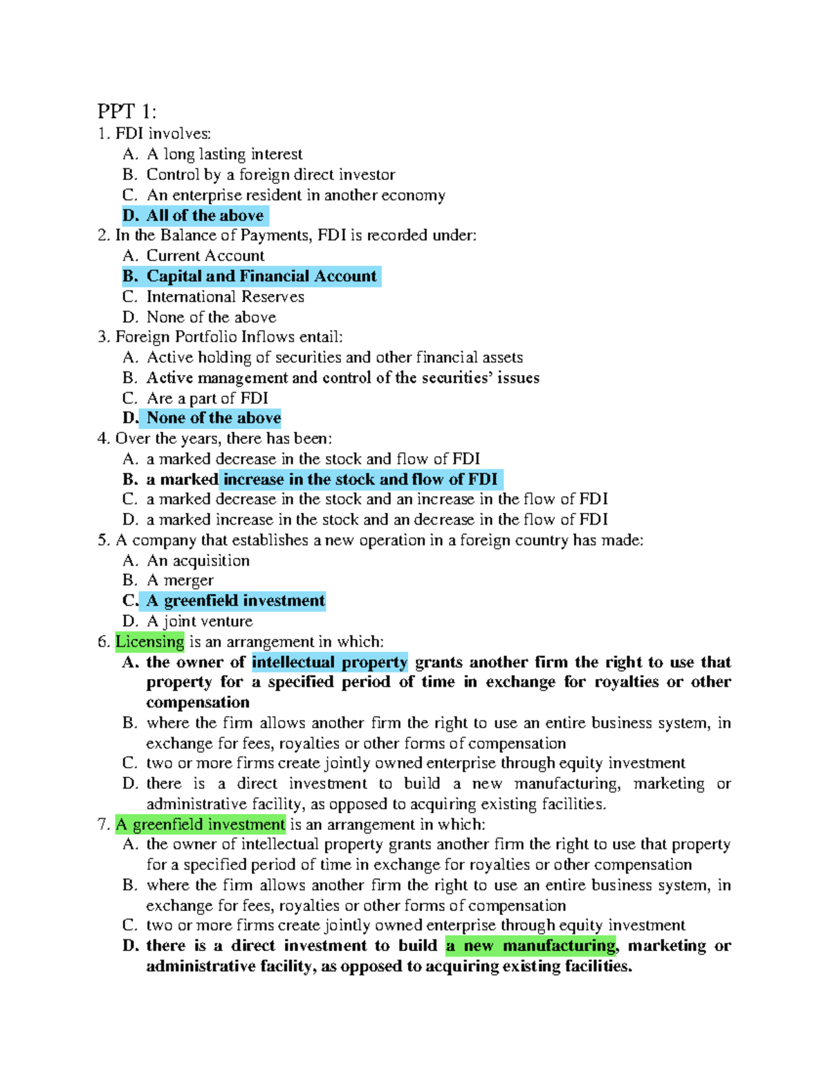 Thi - Đề thi - PPT 1: 1. FDI involves: A. A long lasting interest B ...