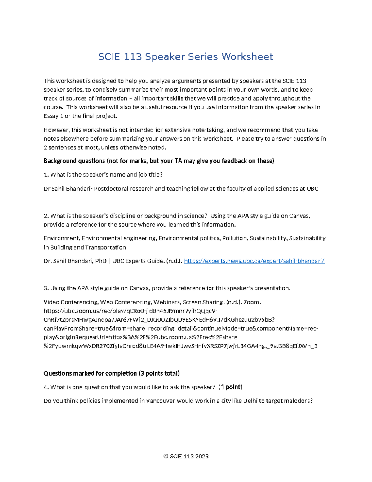 SCIE 113 Speaker Series Worksheet - Analyzing Presentations and ...