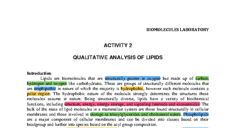 BIOMOLECULES LAB ACTIVITY 2: QUALITATIVE ANALYSIS OF LIPIDS - Studocu